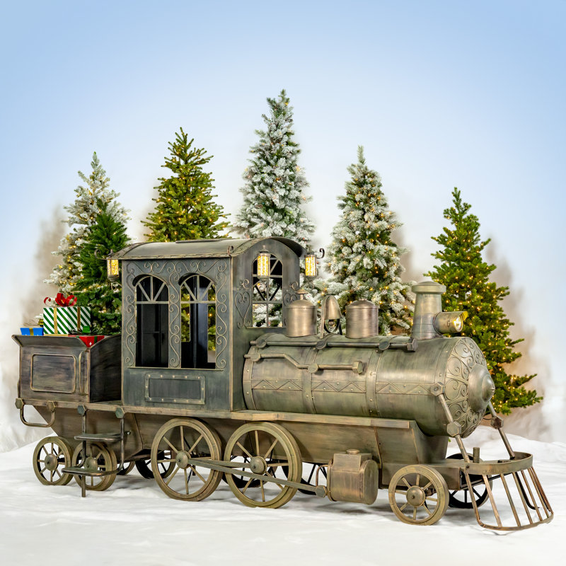 Zaer Ltd International 12.5ft. Large Antique Bronze Train with Cart & Lanterns "The North Pole ...